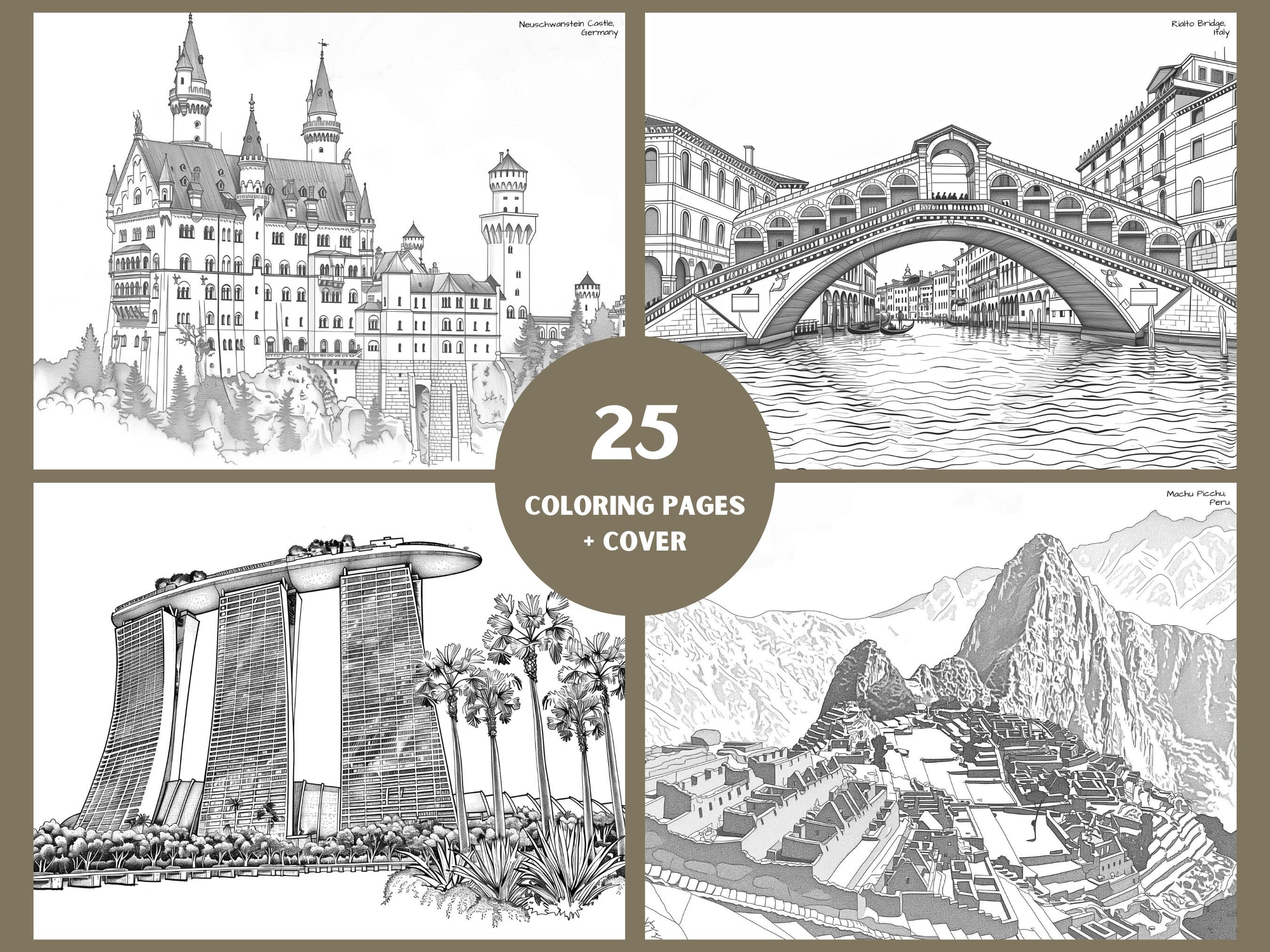 25 Page Bundle World Landmarks Coloring Book | Wonders of the World ...