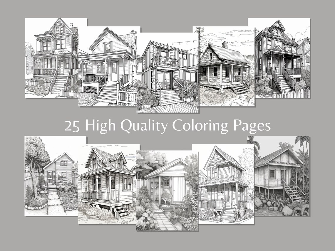 25 Page Bundle Tiny House Adult Coloring Book Cozy Home Ideas Coloring ...