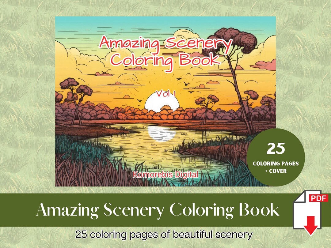 25 Page Bundle Amazing Landscape Adult Coloring Book Nature Coloring ...