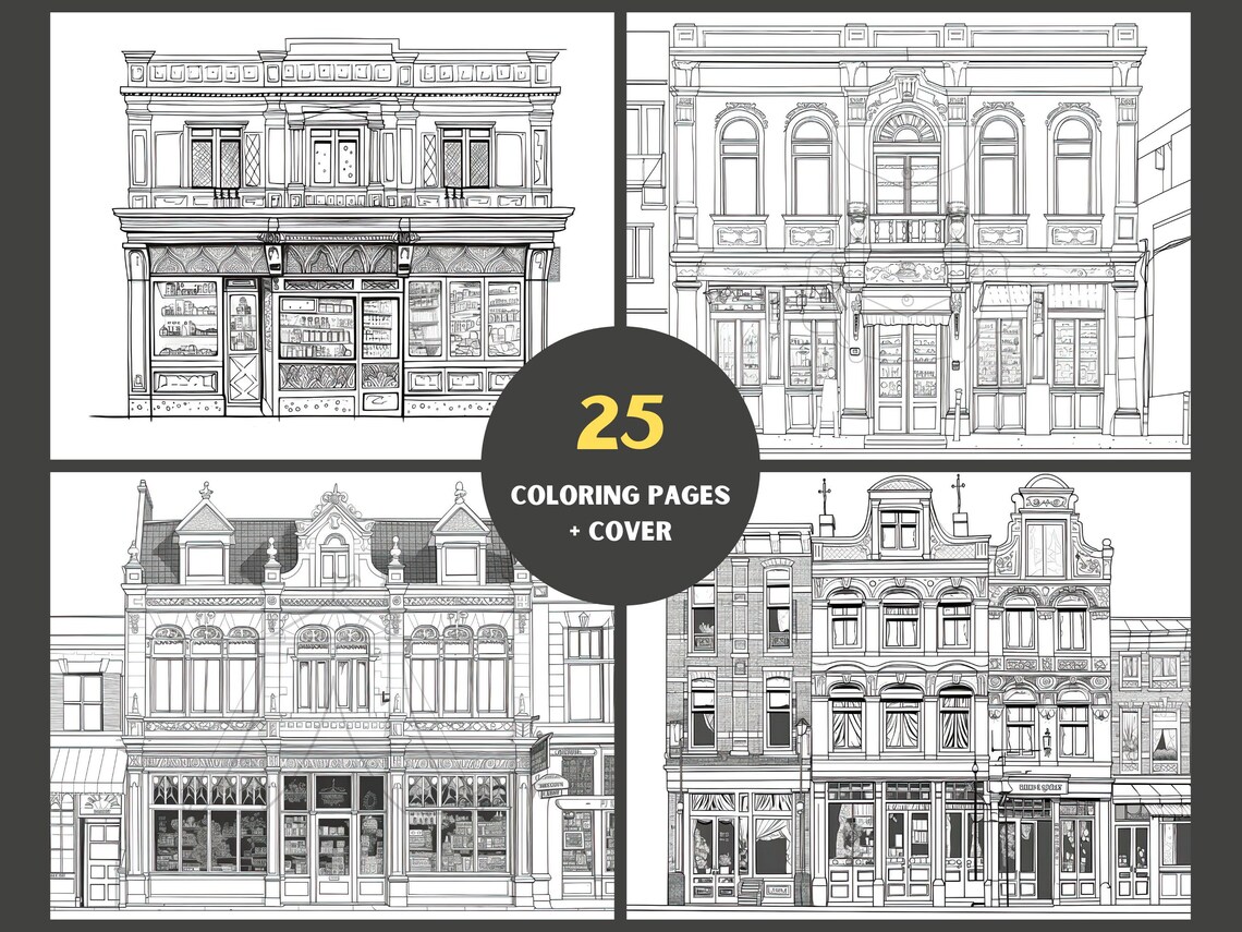 25 Page Bundle of Storefront Adult Coloring Book Building Coloring ...