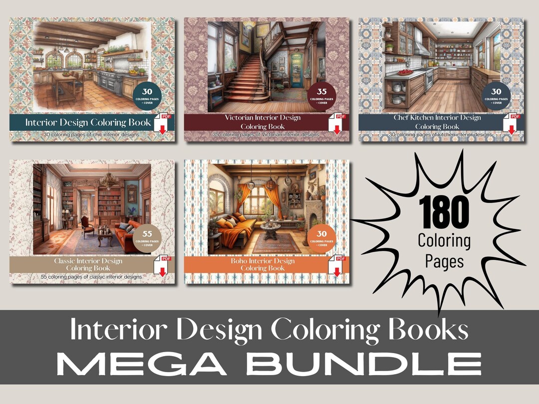 180 Page Mega Bundle Interior Design Adult Coloring Book Package Deal ...