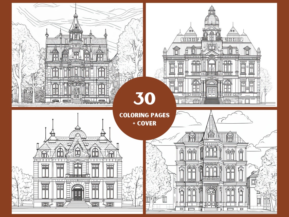 30 Page Bundle Old Building Front Adult Coloring Book Classic Structure ...
