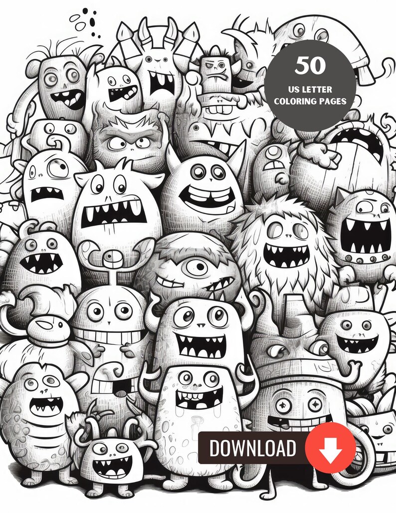 50 Pages Doodle Monster Coloring Book for Adults and Children Halloween ...