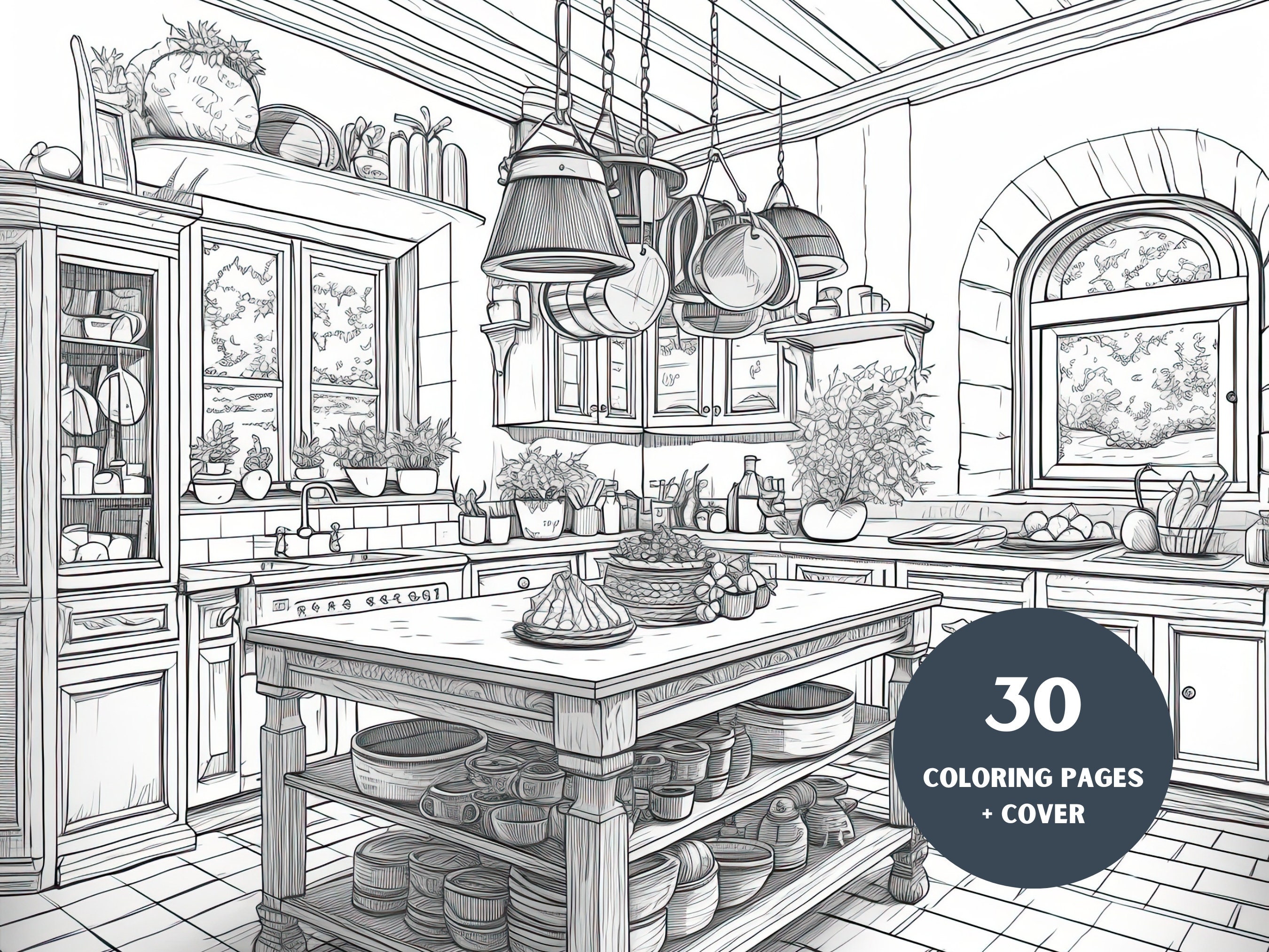 30 Page Bundle Chef Kitchen Interior Design Adult Coloring Book Kitchen ...