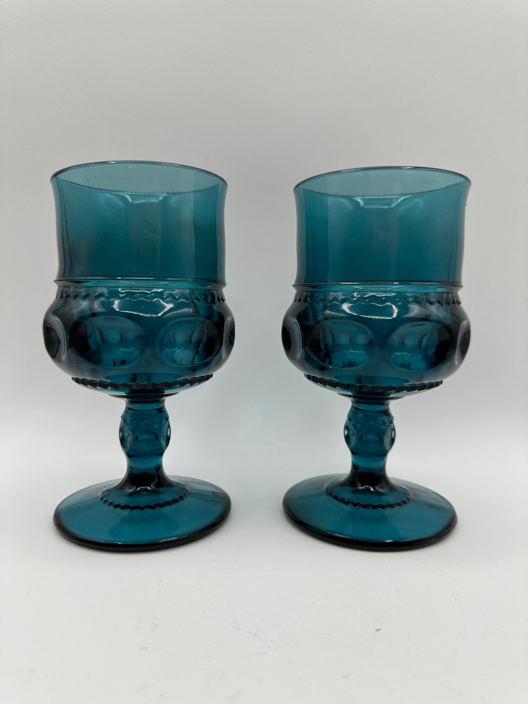 Vintage Indiana Glass Kings Crown Blue Thumbprint Glass Goblets Mid ...