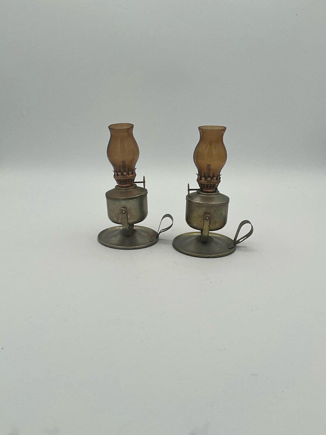 Set of 2 Mini Amber Glass Kerosene Lamps With Copper Tone Base, Wick ...