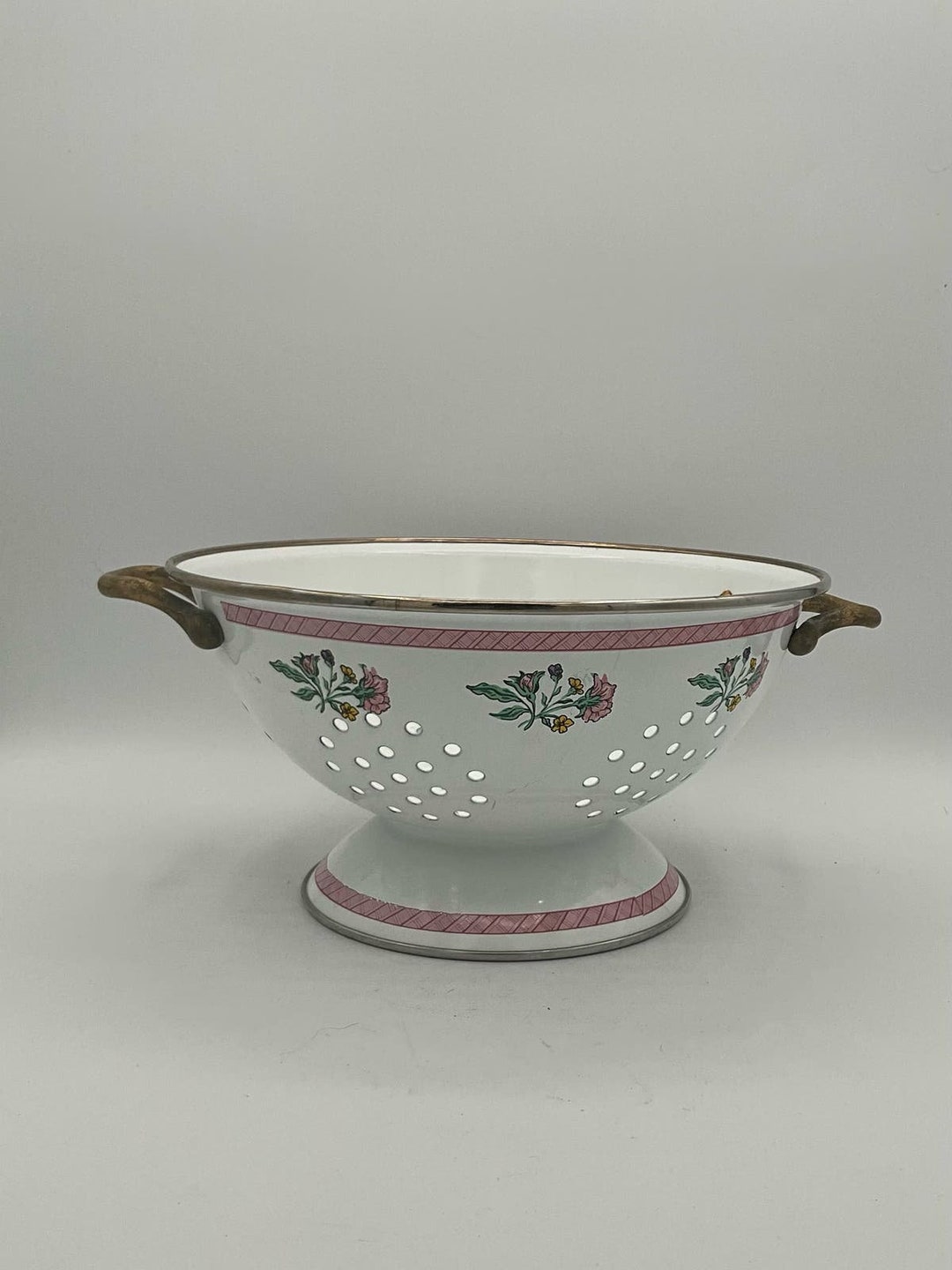 Enamel Colander Vintage Floral Brass Handle Strainer White Metal ...