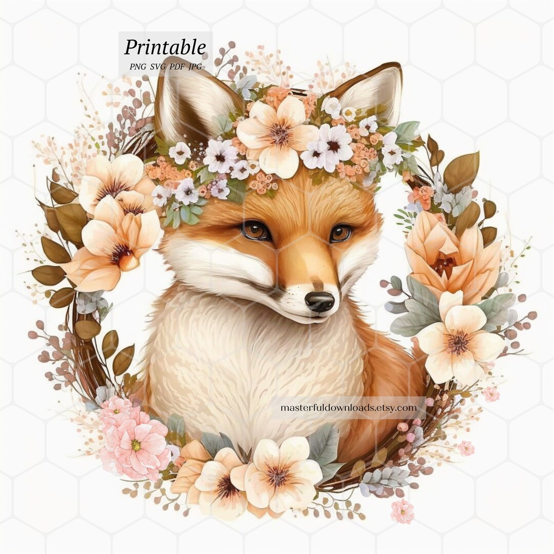 Printable Floral Fox Digital Art Design Instant Download PNG SVG ...