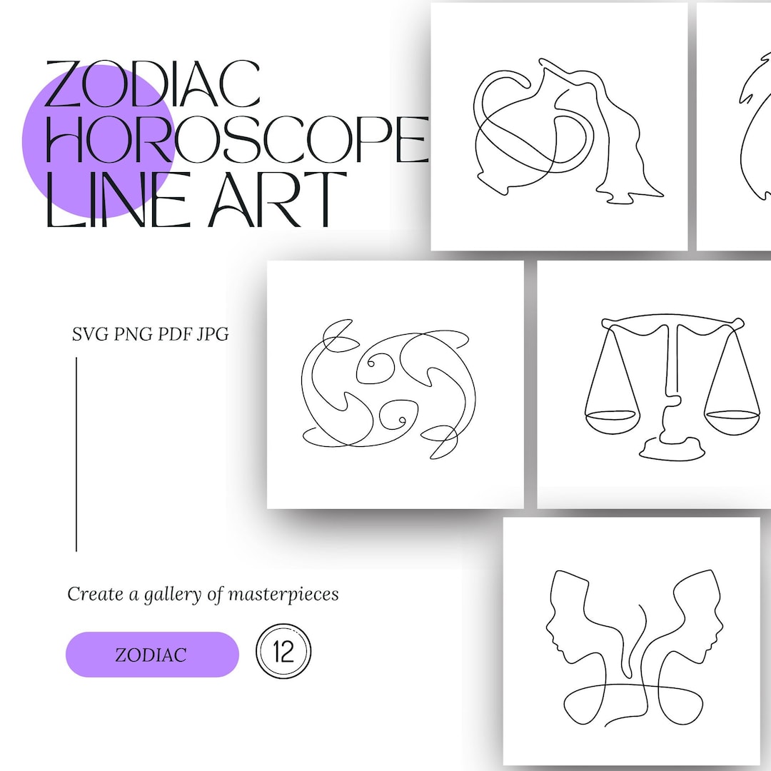 12 Zodiac Horoscope Signs Line Art Digital Bundle SVG Printable ...