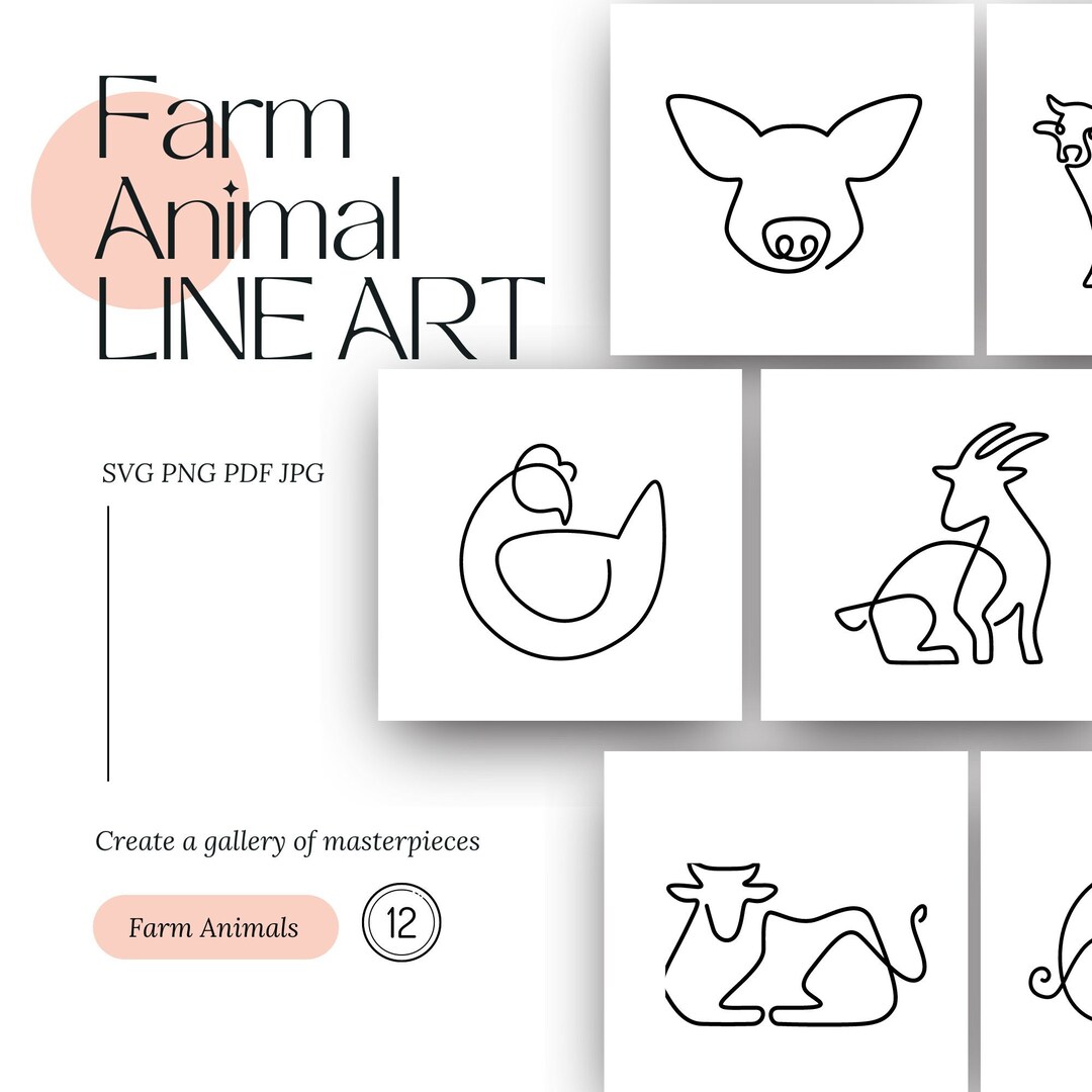 12 Farm Animals Line Art Digital Bundle SVG Printable PNG Clipart ...