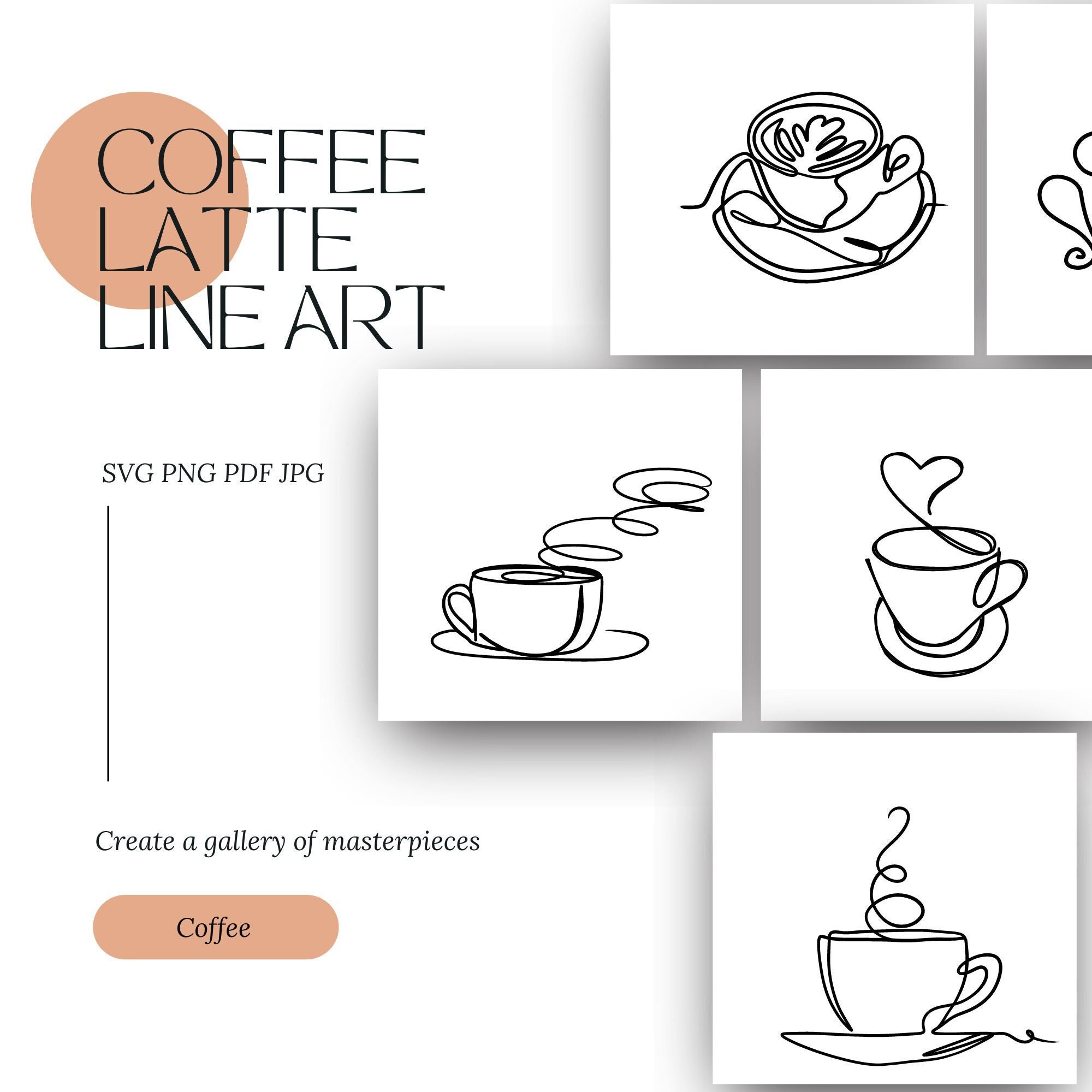 Coffee Latte Line Art Printable Clipart Images Instant Download Designs ...