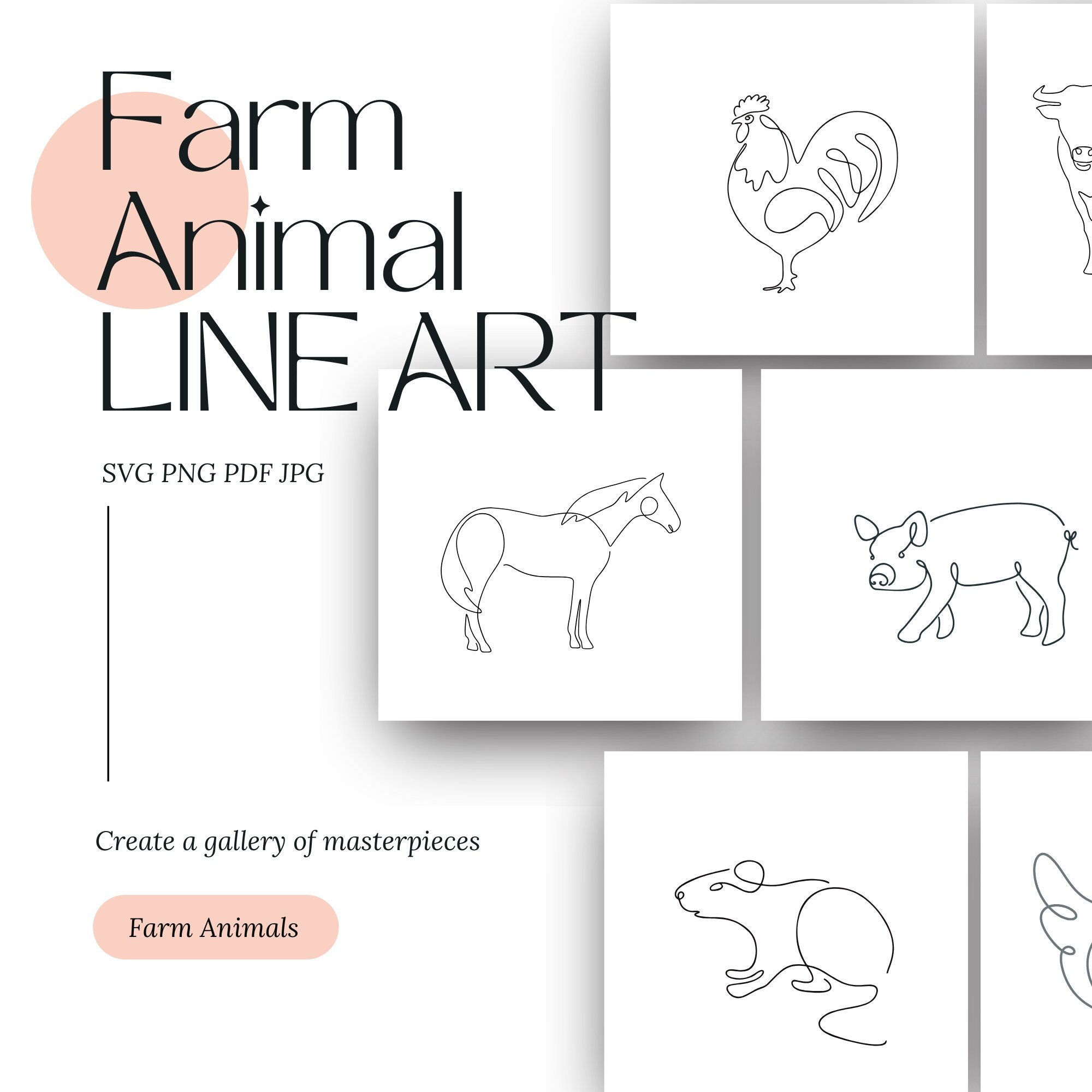 Farm Animals Line Art Digital Clipart Designs Printable Instant ...