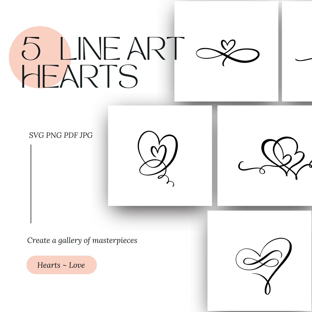 Pretty Hearts Love Line Art Printable Clipart Images Bundle Digital ...