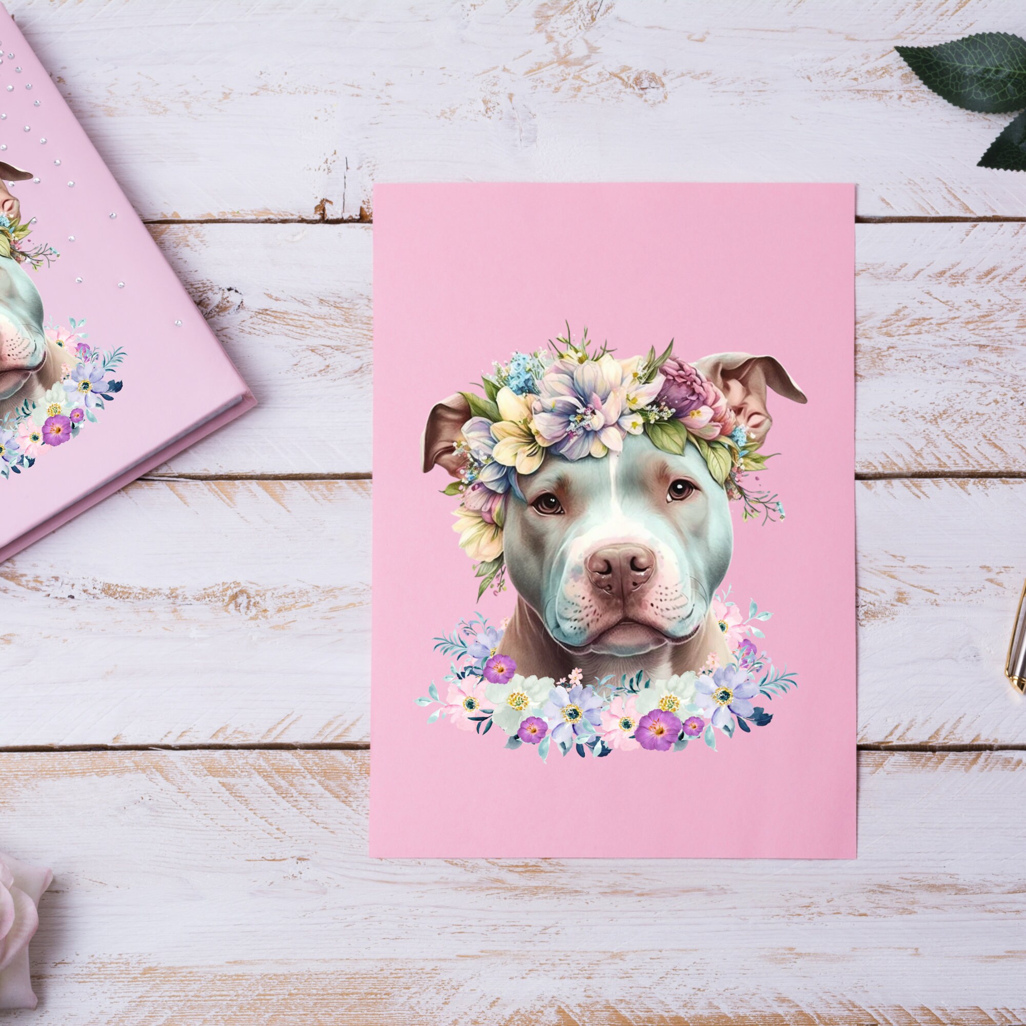 Floral Pit Bull Dog Digital Clipart Image Printable Instant Download ...