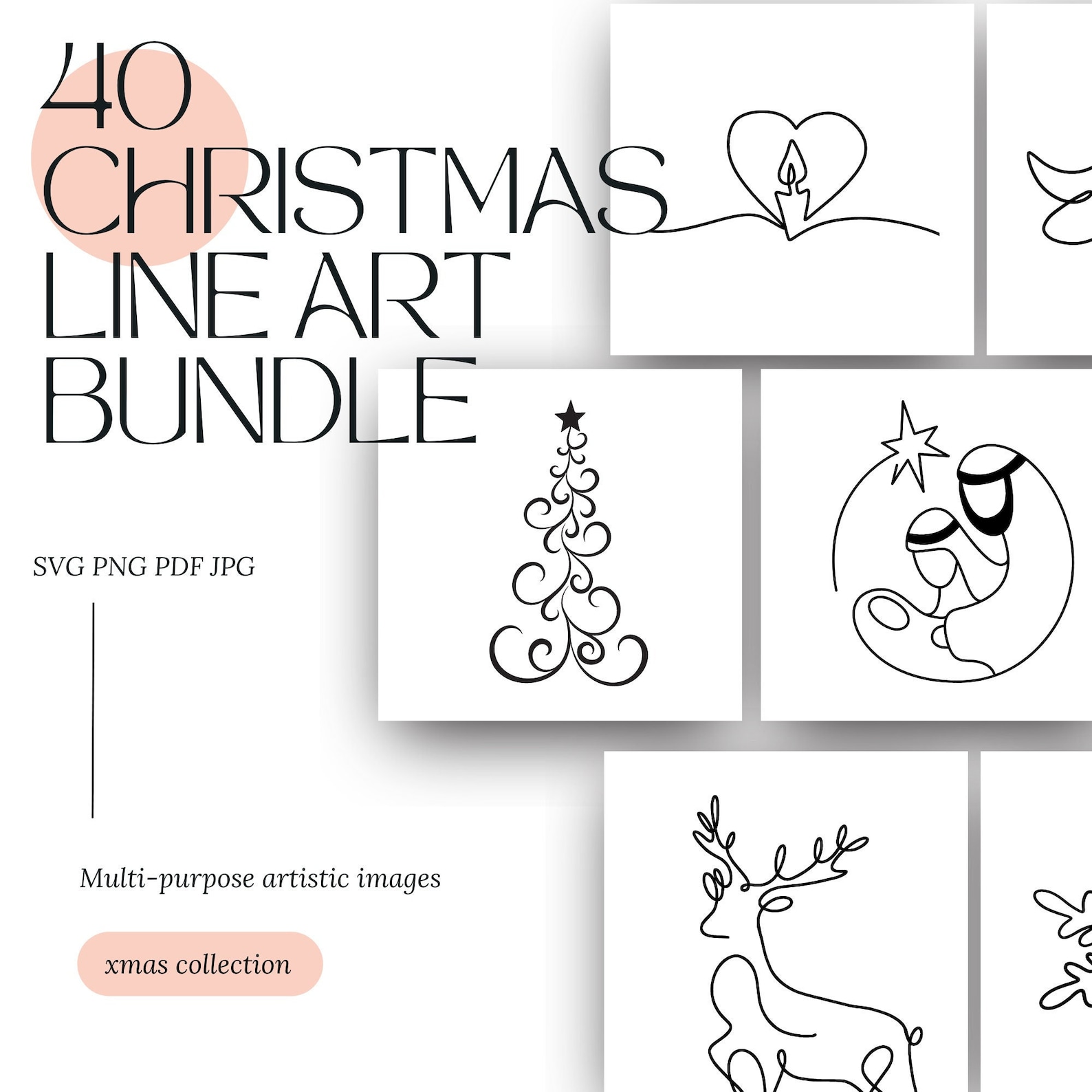 Holiday Line Art Clipart Bundle of 40 Christmas Digital Download ...