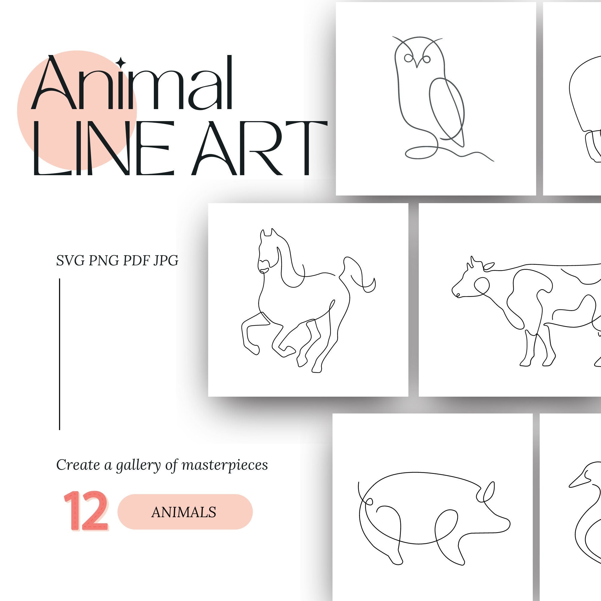 12 Line Art Animals Digital Bundle SVG Printable PNG Clipart Images ...