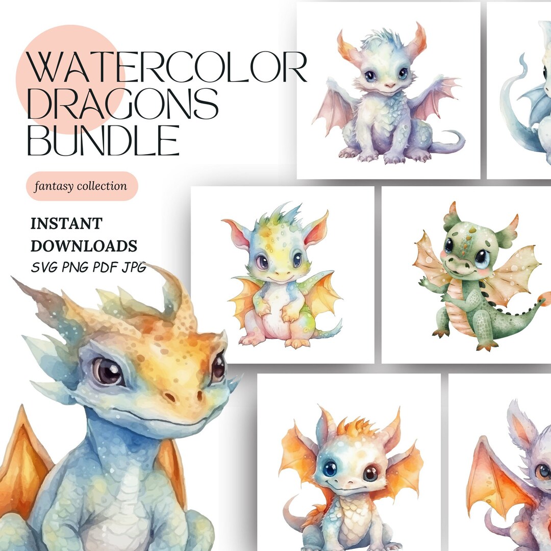 Watercolor Dragons Clipart Images Bundle Printable Digital Instant ...