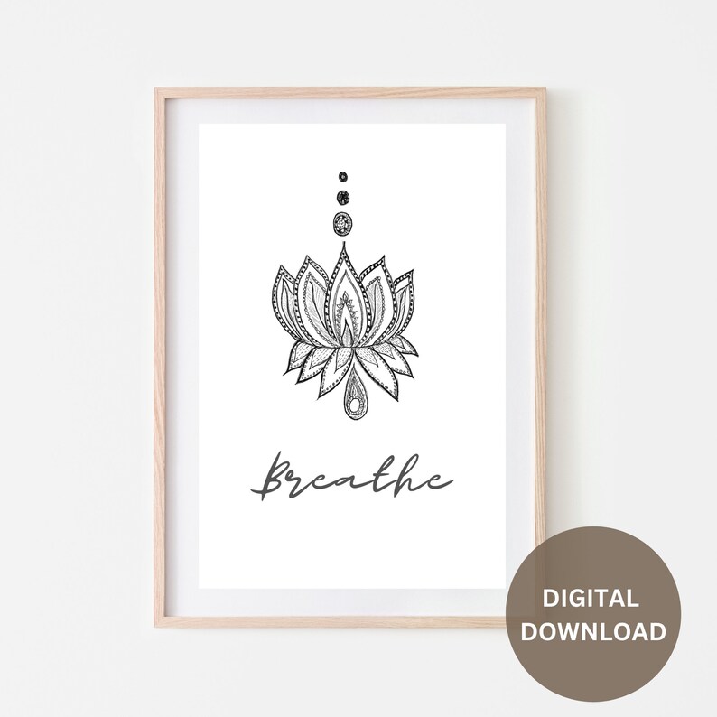 Breathe Printable, Lotus Flower Printable Wall Art, Lotus Sketch ...