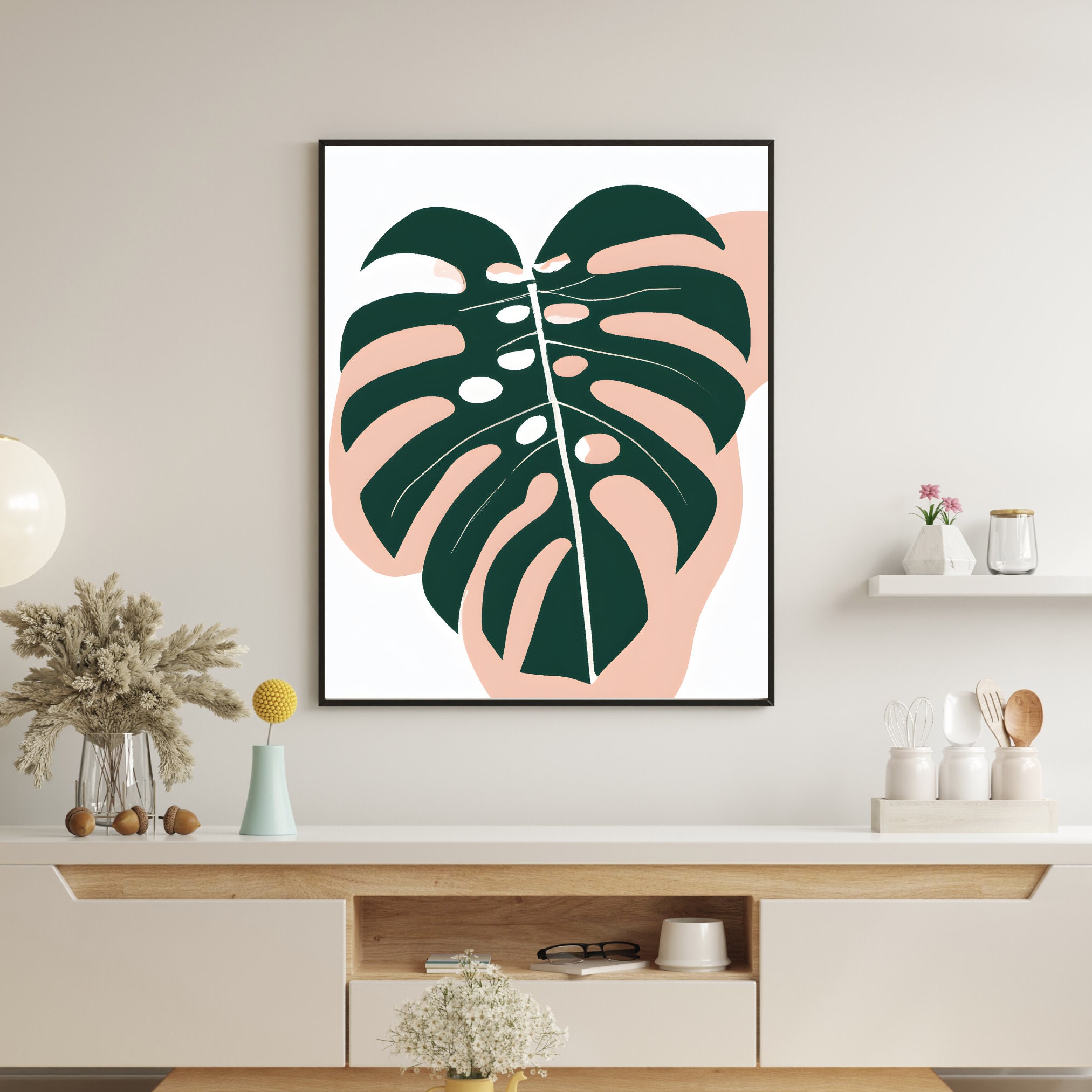 BOHO Monstera Leaf Print BOHO Printable Art Living Room Decor Line Art ...