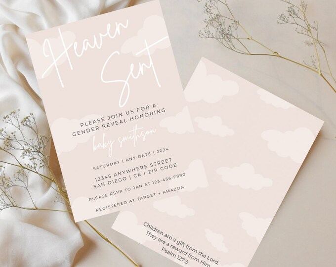 Heaven Sent Gender Reveal Invitation, Heaven Sent Baby Shower, Heaven ...