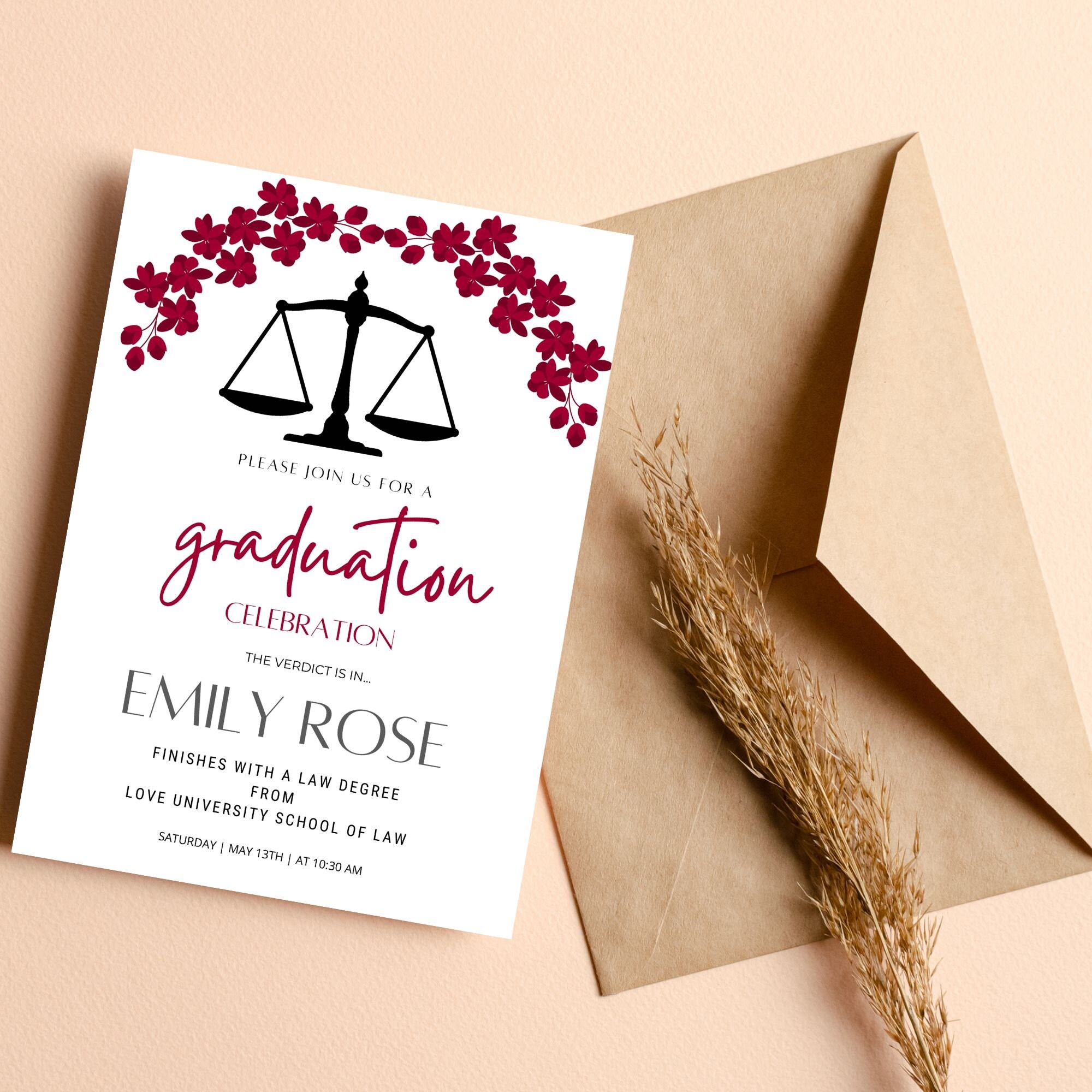 EDITABLE Minimalist Law School Graduation Announcement Printable ...