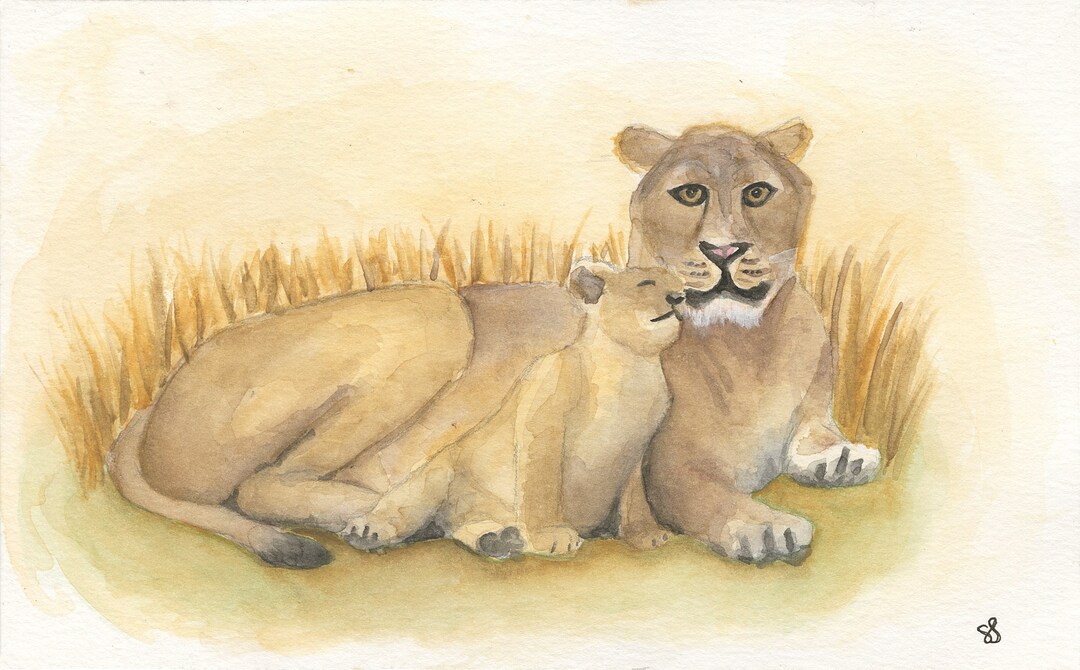 Lion Mother and Baby Watercolor Print - Etsy