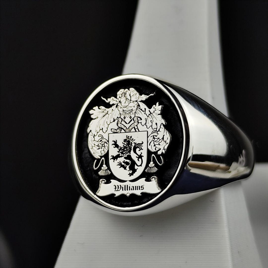 Round Silver Family Crest Ring - Custom Engraved Coat of Arms Signet ...