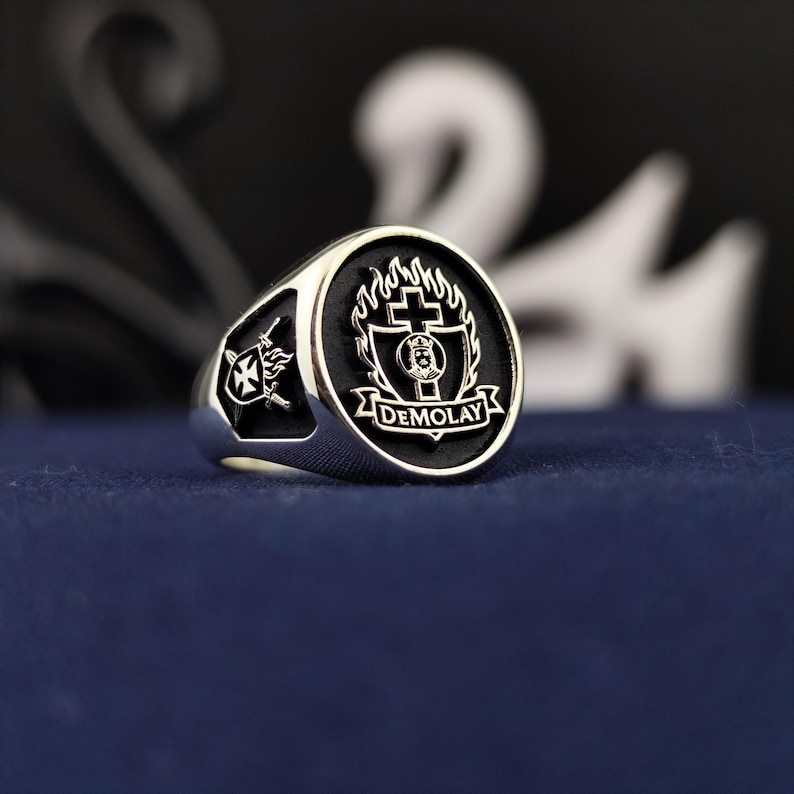 Demolay Signet Ring – 925 Silver Masonic Youth Shield With Flame Crest ...