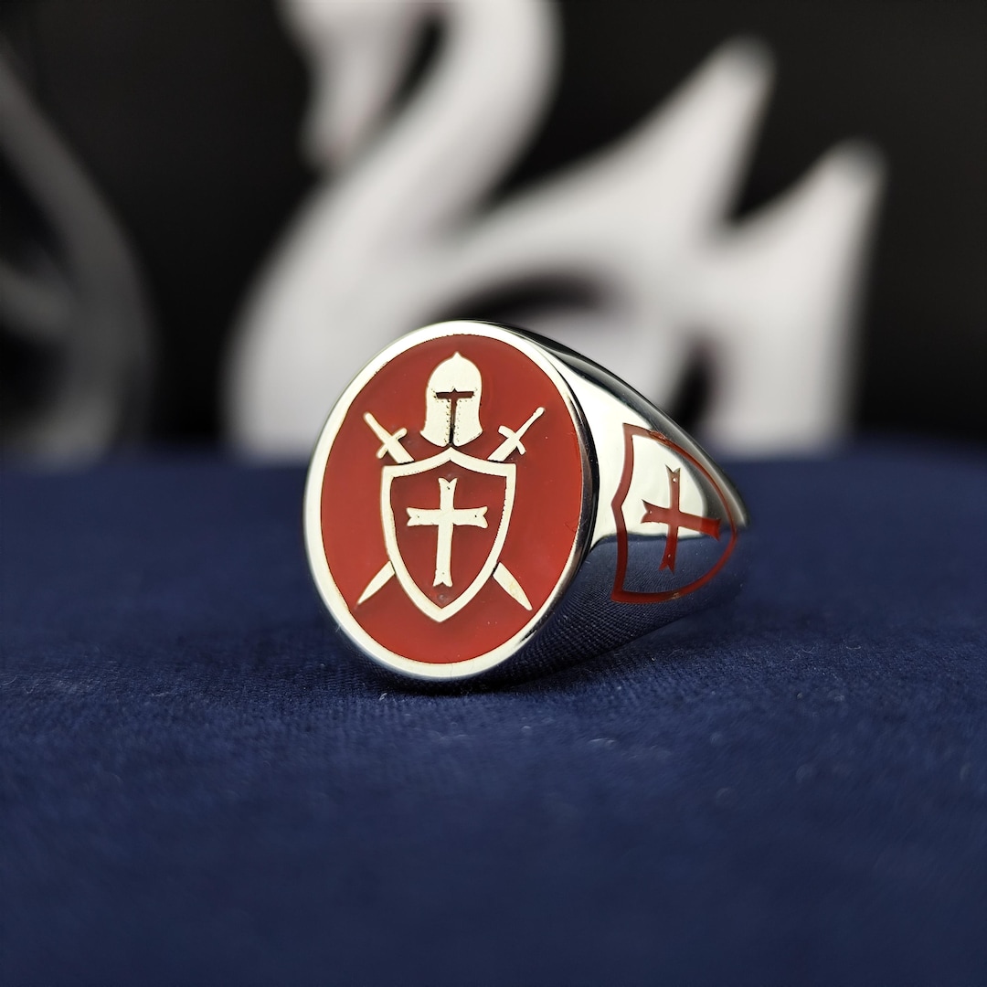 Red Enamel Crusader Shield Signet Ring: 925 Sterling Silver Knight ...