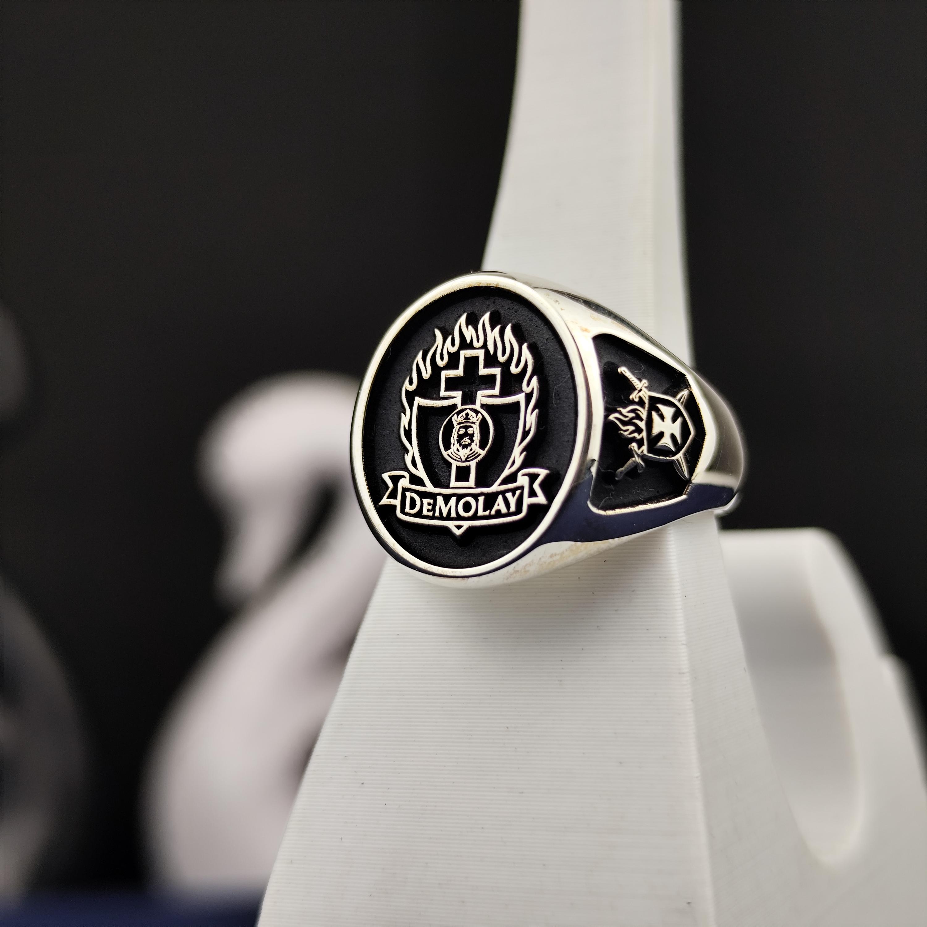 Demolay Signet Ring – 925 Silver Masonic Youth Shield With Flame Crest ...