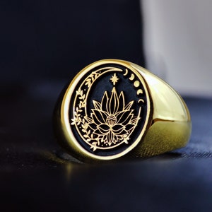 Gold Filled Lotus Flower Signet Ring for Her - Yoga Crescent Moon ...