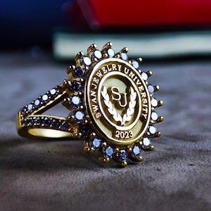 Custom University Class Ring, Gold Graduation Ring With White Stone ...