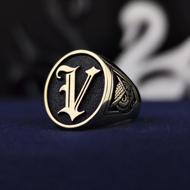 10k Gold Initial Signet Ring – Personalized Letter Ring With Owl Symbol ...