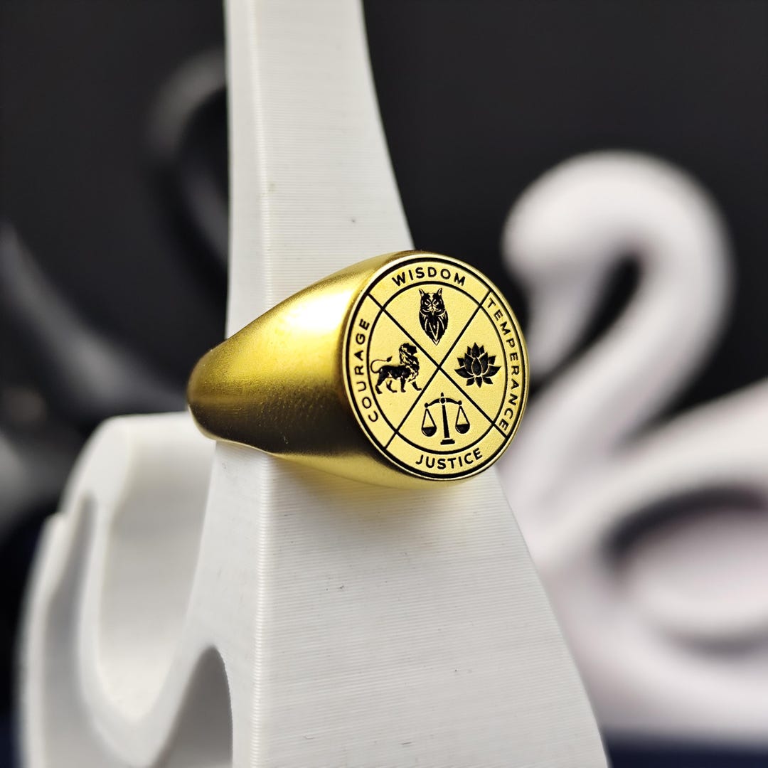 Stoic Signet Ring in Gold Vermeil – Four Cardinal Virtues Philosophy ...
