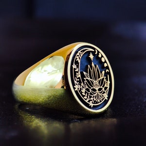 Gold Filled Lotus Flower Signet Ring for Her Yoga Crescent Moon Jewelry ...