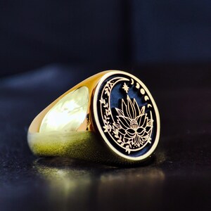 Gold Filled Lotus Flower Signet Ring for Her - Yoga Crescent Moon ...