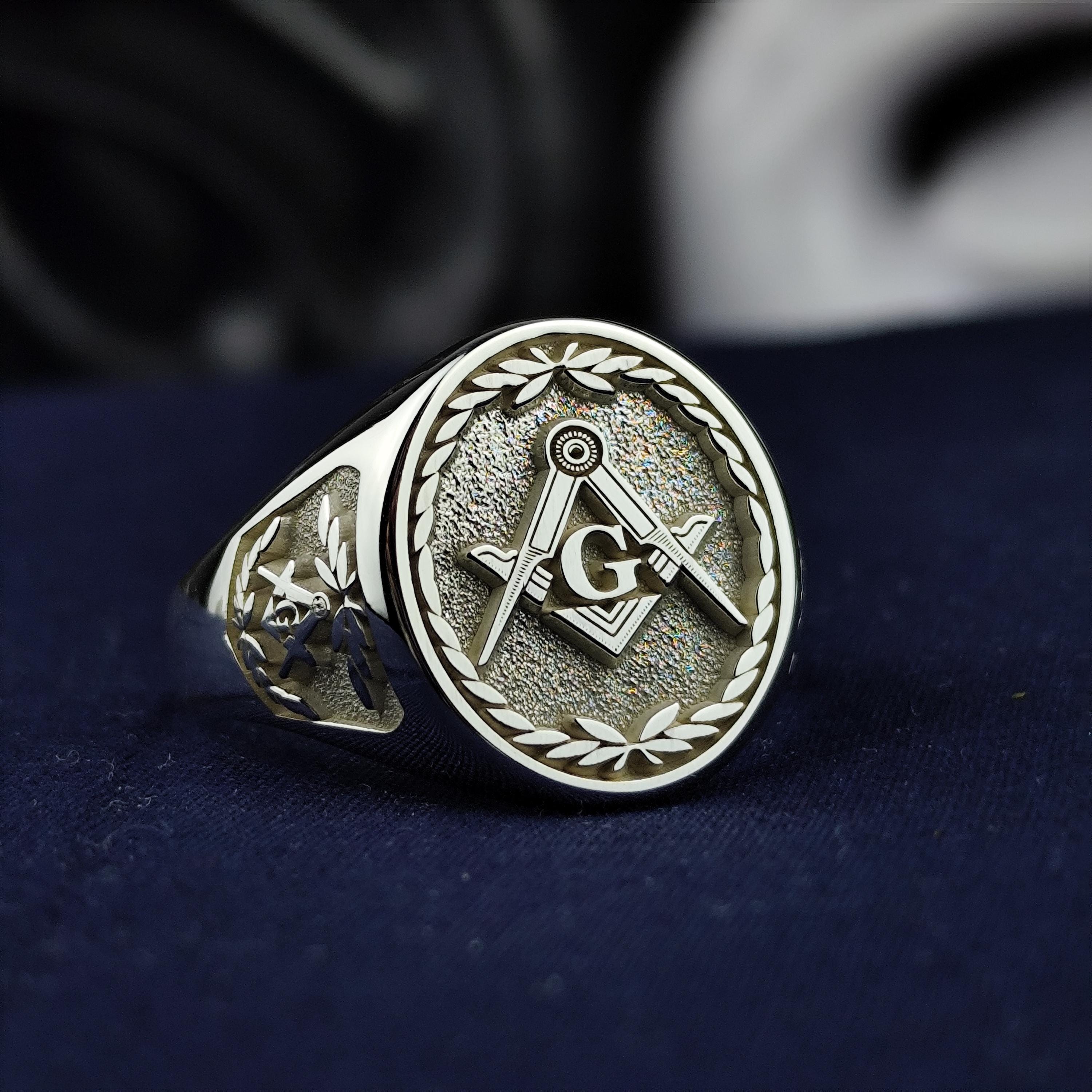 Silver Masonic Signet Ring, Square Compass Emblem, Vintage Men's Lodge ...