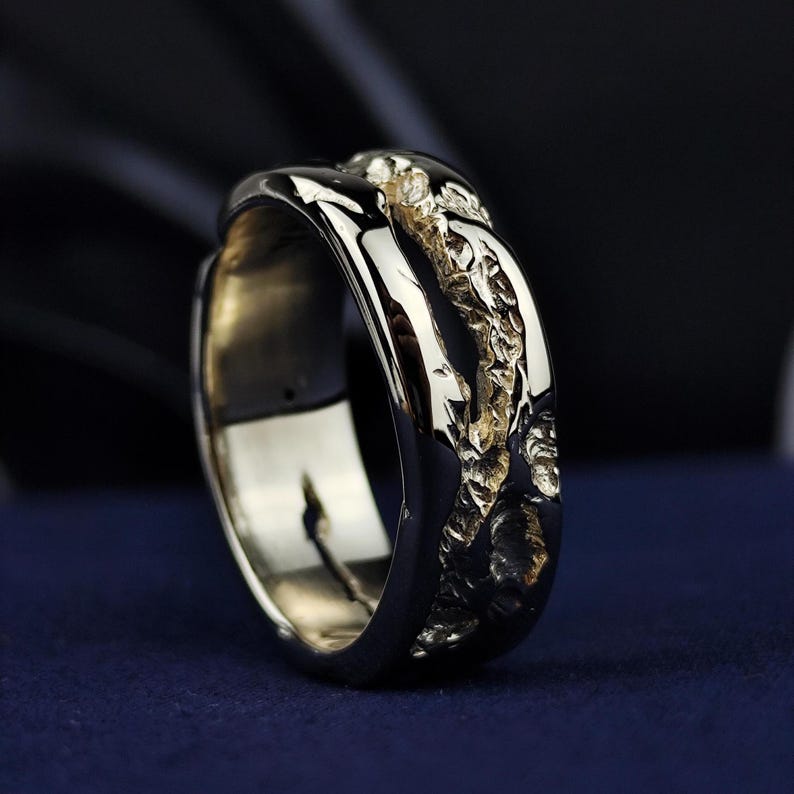 14K Gold Rustic Ring, Handmade Textured Wedding Band, Minimalist ...