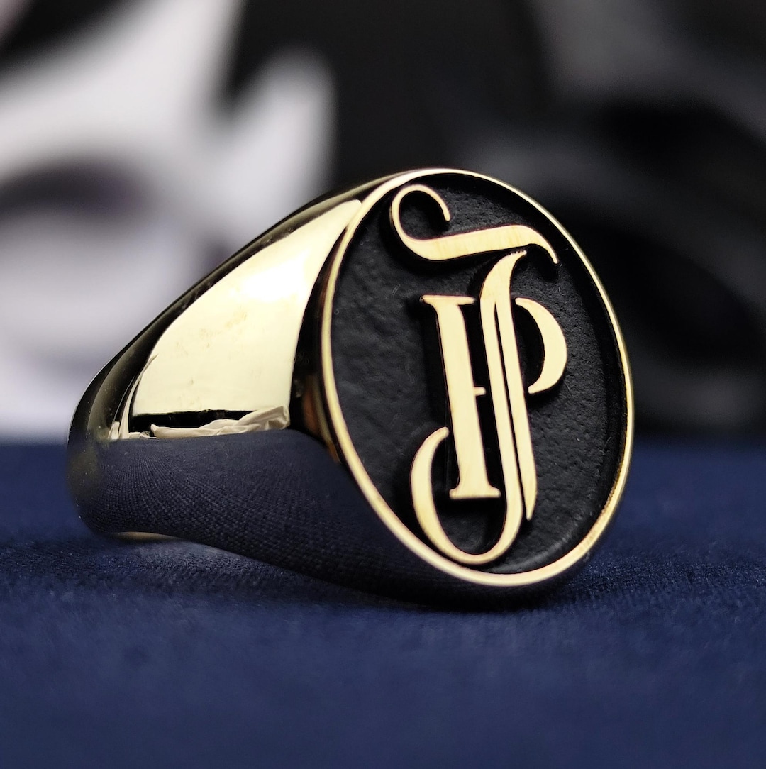 Personalized Letter Signet Ring for Men Black Enamel Gold Plated or ...