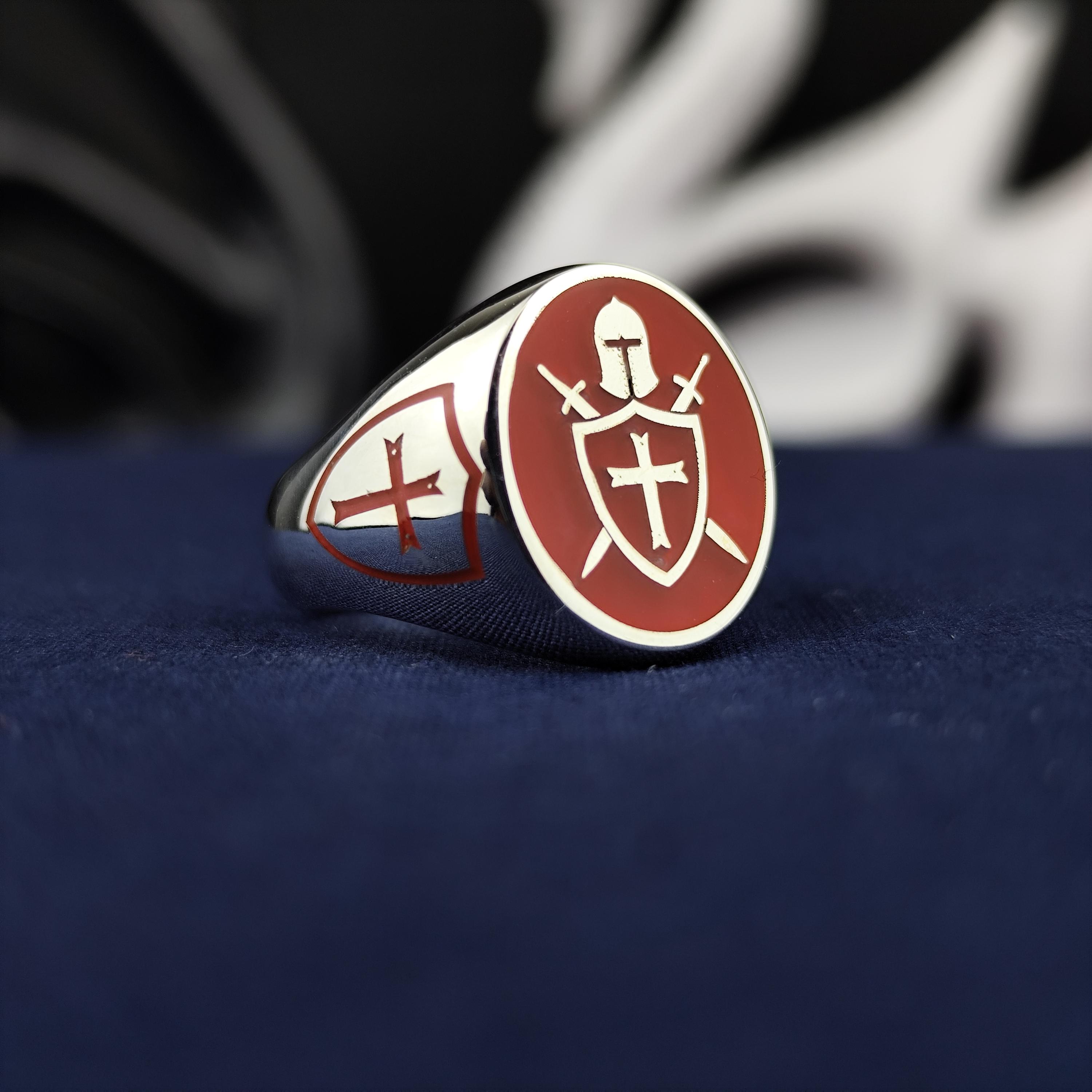 Red Enamel Crusader Shield Signet Ring: 925 Sterling Silver Knight ...