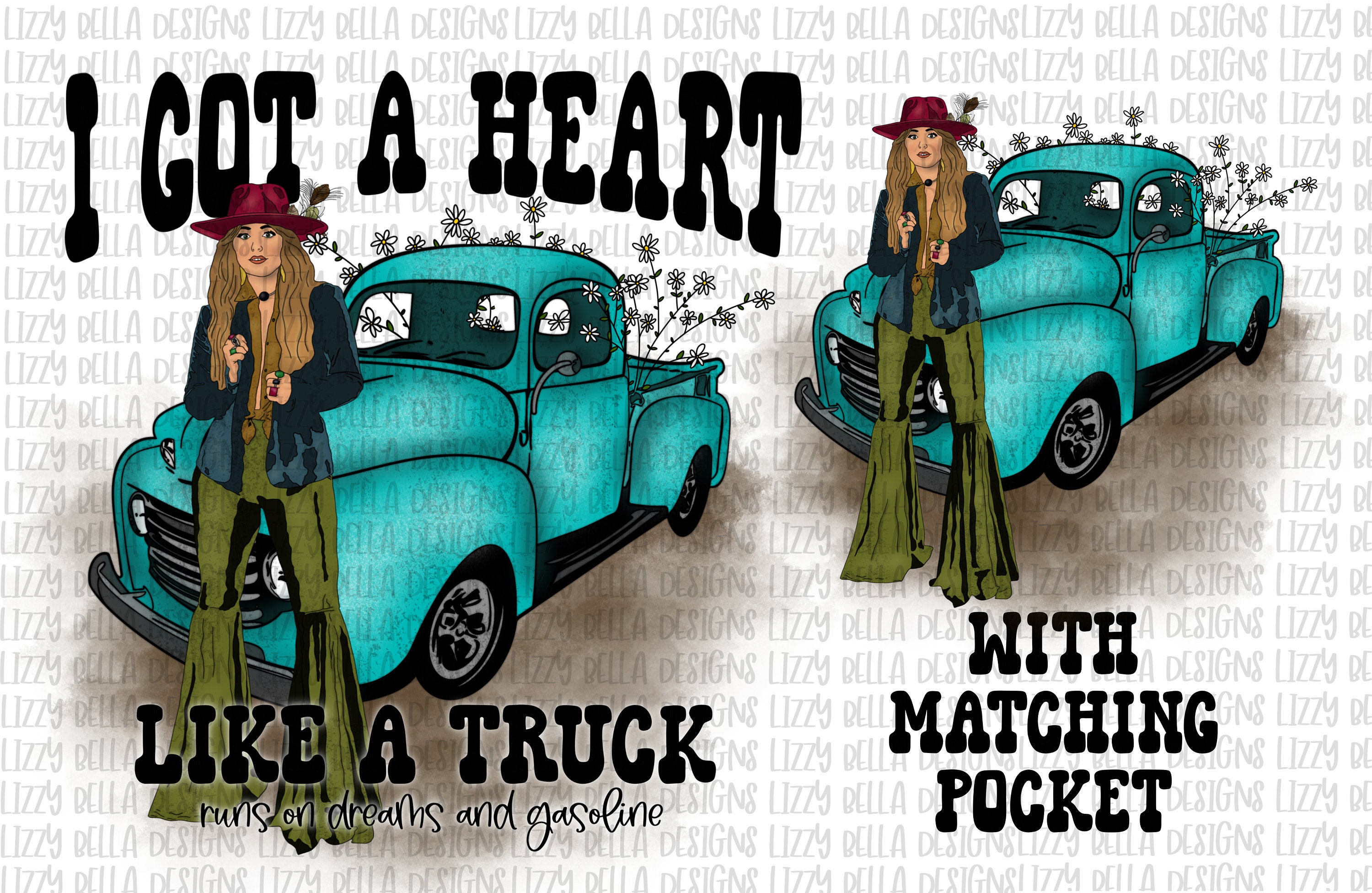 Heart Like A Truck Png, Vintage Truck, Pocket Set PNG Sublimation ...