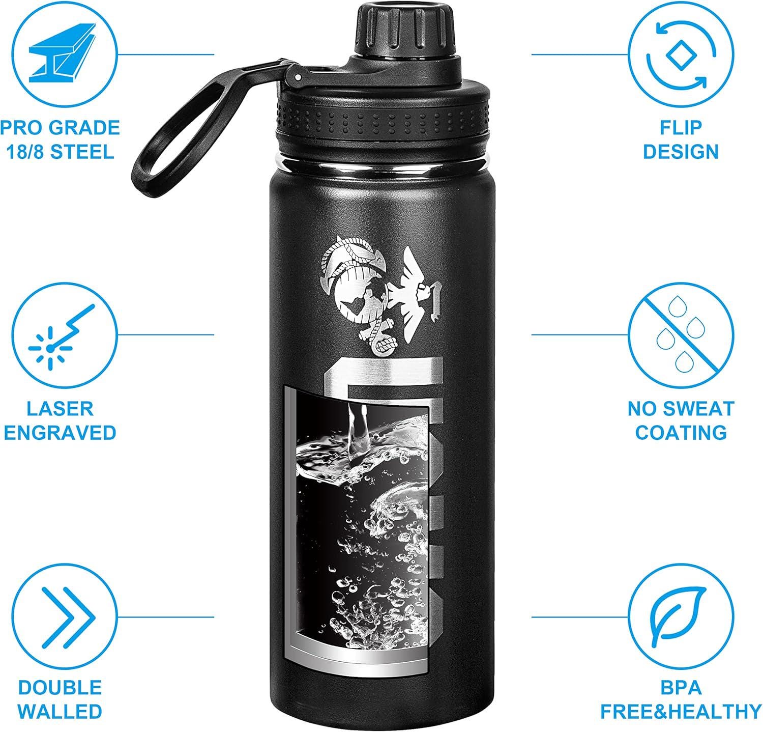 USMC 20oz Water Bottle | Marine Corps Double Wall Vacuum Insulated ...