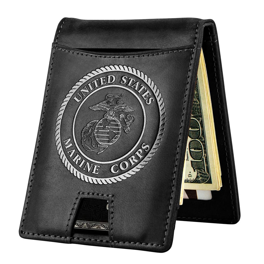 USMC - Genuine Black Leather Bi-folding RFID-BLOCKING Wallet - Card ...