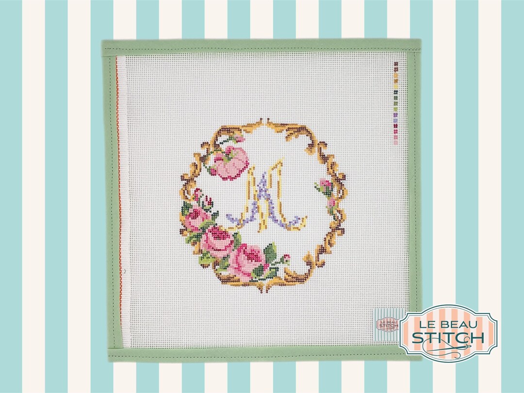 Petit Marie Antoinette Monogram Needlepoint Canvas, Pink Roses and ...