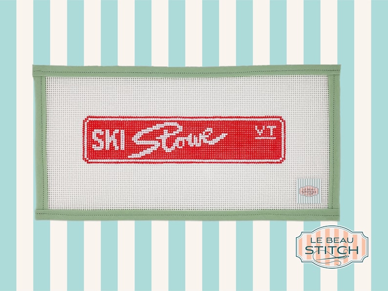 Ski Stowe Vermont Needlepoint Canvas, White and Red, Hand-painted 13 ...