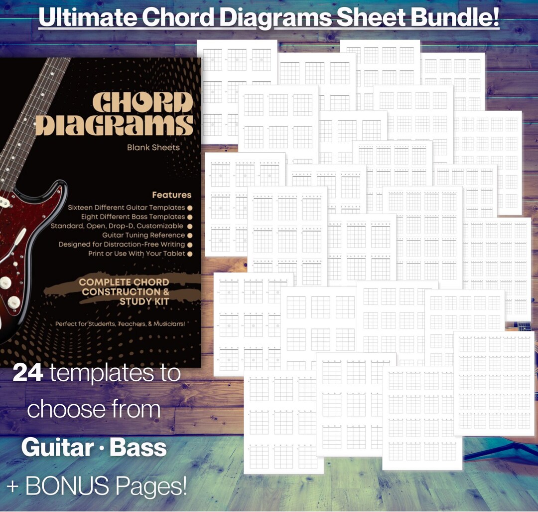 Printable Chord Diagrams Sheet Bundle - Blank Sheets, 24 Guitar and ...
