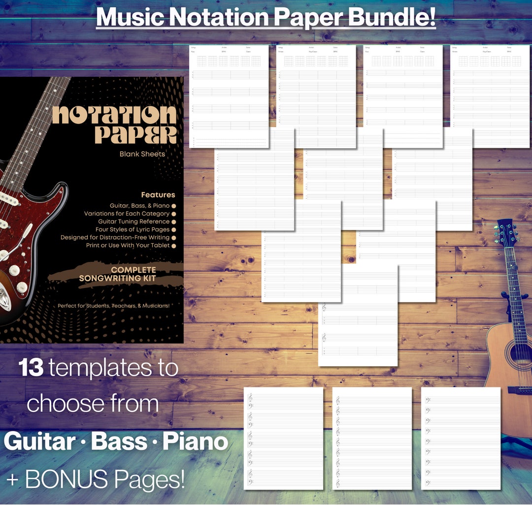 Printable Notation Paper Sheet Bundle - Blank Sheets, 13 Guitar Bass ...