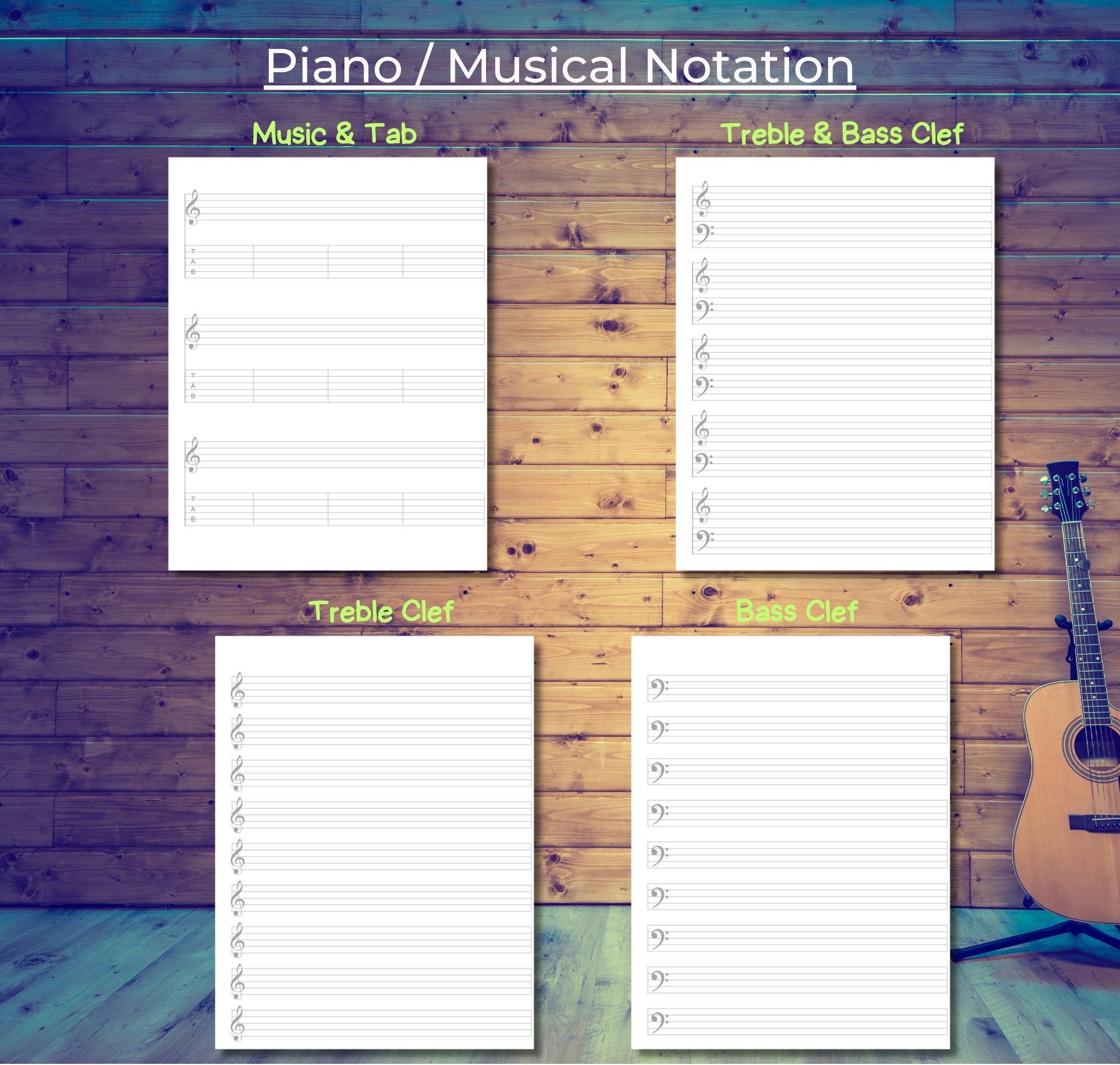Printable Notation Paper Sheet Bundle - Blank Sheets, 13 Guitar Bass ...