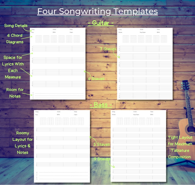 Printable Notation Paper Sheet Bundle - Blank Sheets, 13 Guitar Bass ...