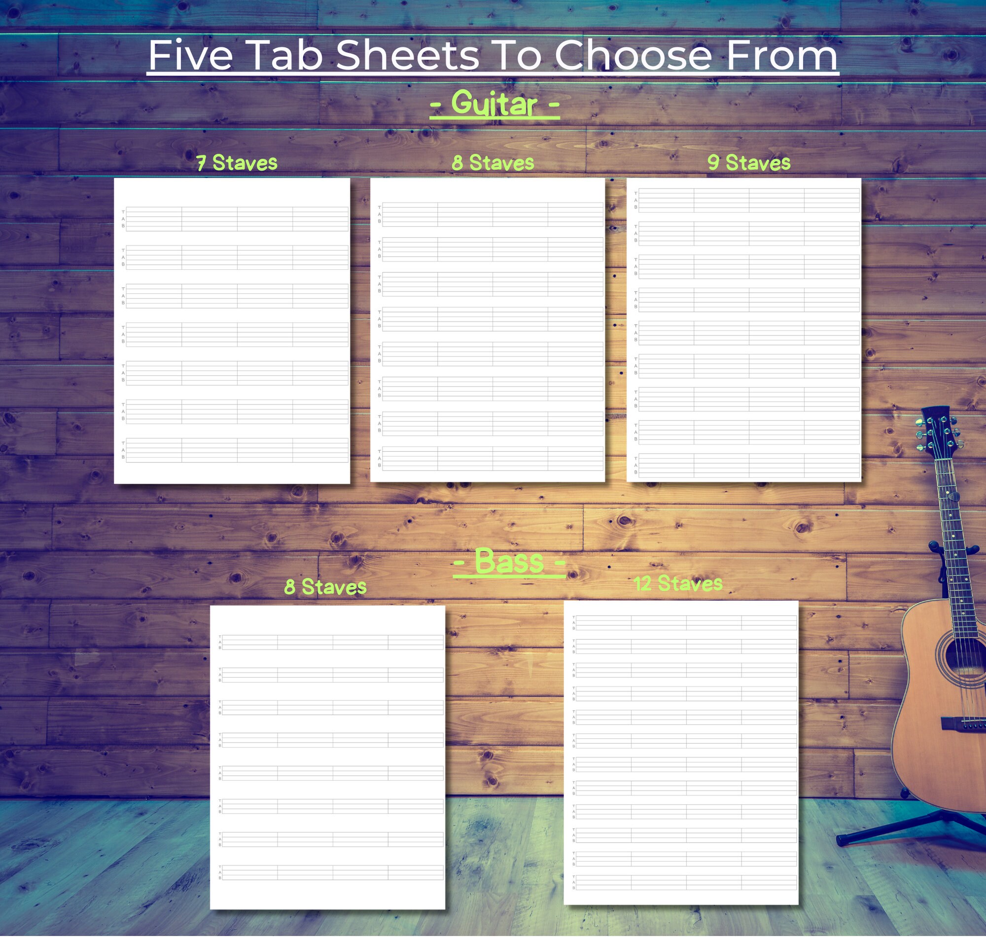 Printable Notation Paper Sheet Bundle - Blank Sheets, 13 Guitar Bass ...